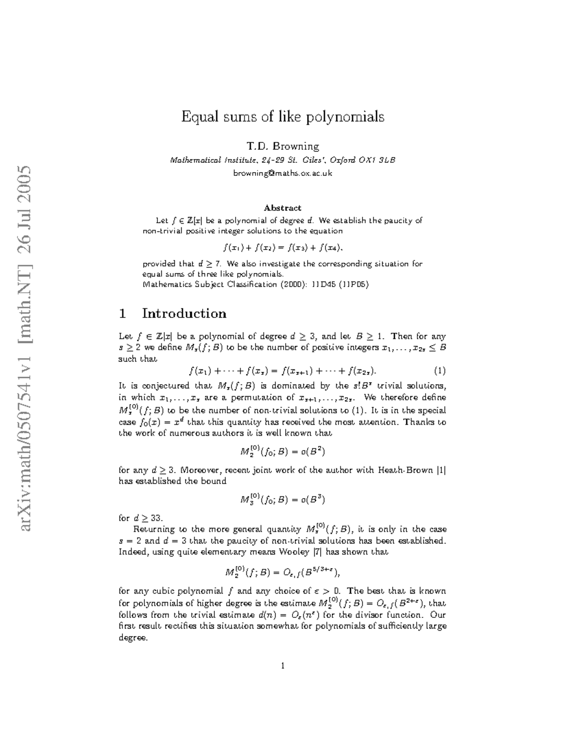 0507541 - Cours - arXiv:math/0507541v1 [math] 26 Jul 2005 Equal sums of ...