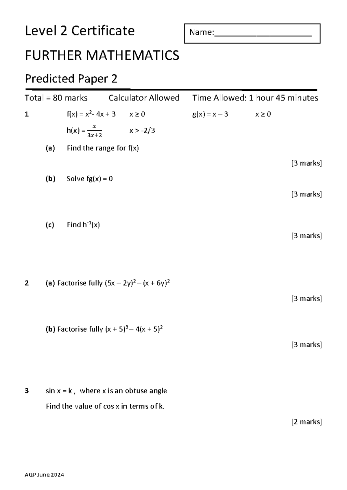 FMaths Predicted Paper 2 (2024) - Level 2 Certificate FURTHER ...