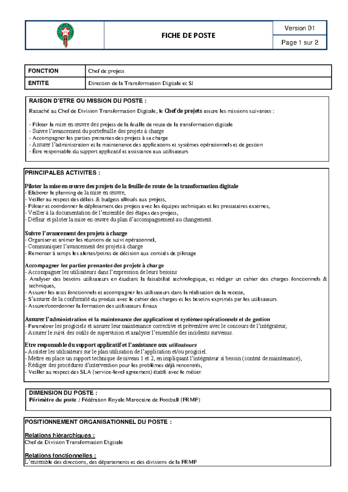 FRMF Fiche de poste Chef de Projets - FICHE DE POSTE Version 01 Page 1 sur 2 FONCTION Chef de ...