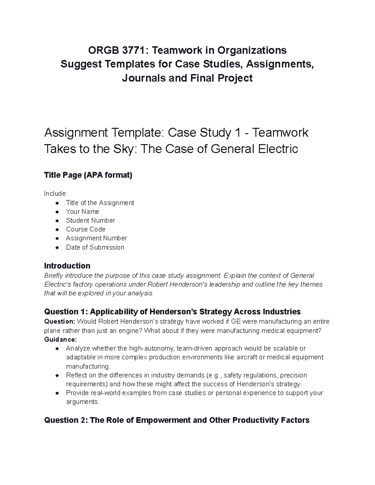 Sample Assignment Outlines for Teamwork ORGB 3771 - ORGB 3771: Teamwork ...