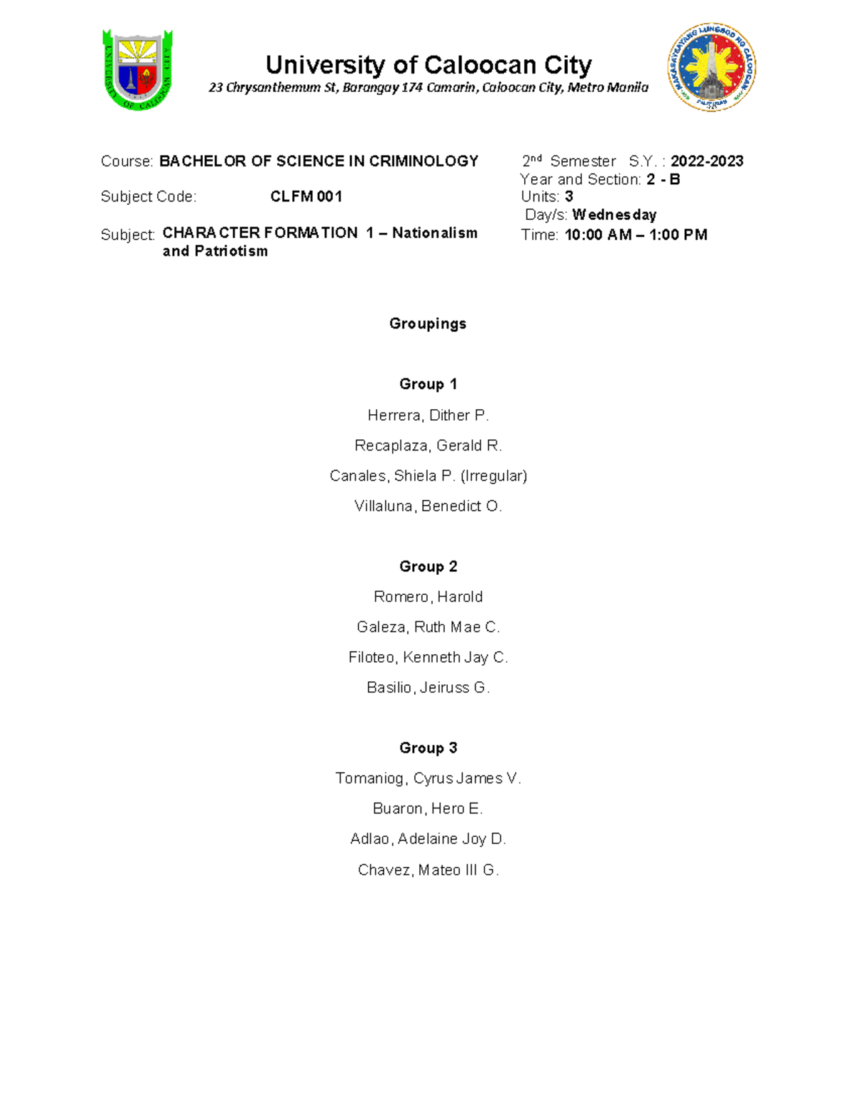 2B North Groupings - CLFM 001 (Character Formation 1 - Nationalism and ...