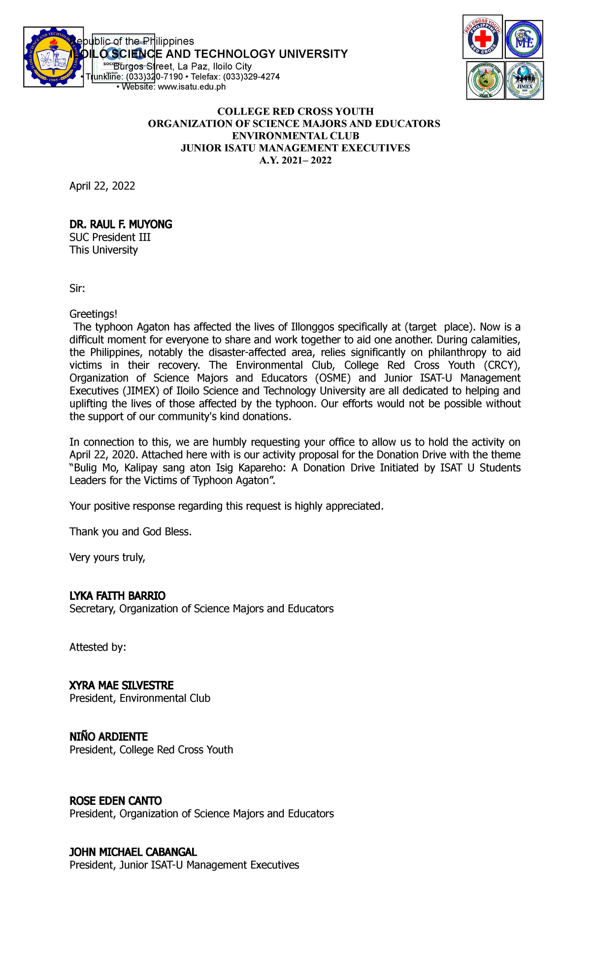 Letter to conduct - Notes - Republic of the Philippines ILOILO SCIENCE ...