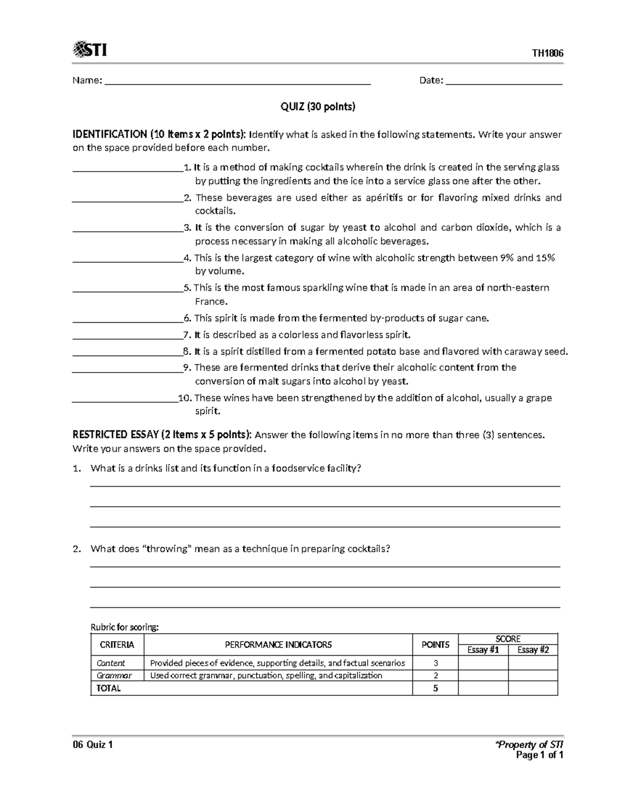 06 Quiz 1-activity - TH Name: Date: QUIZ (30 points) IDENTIFICATION (10 ...