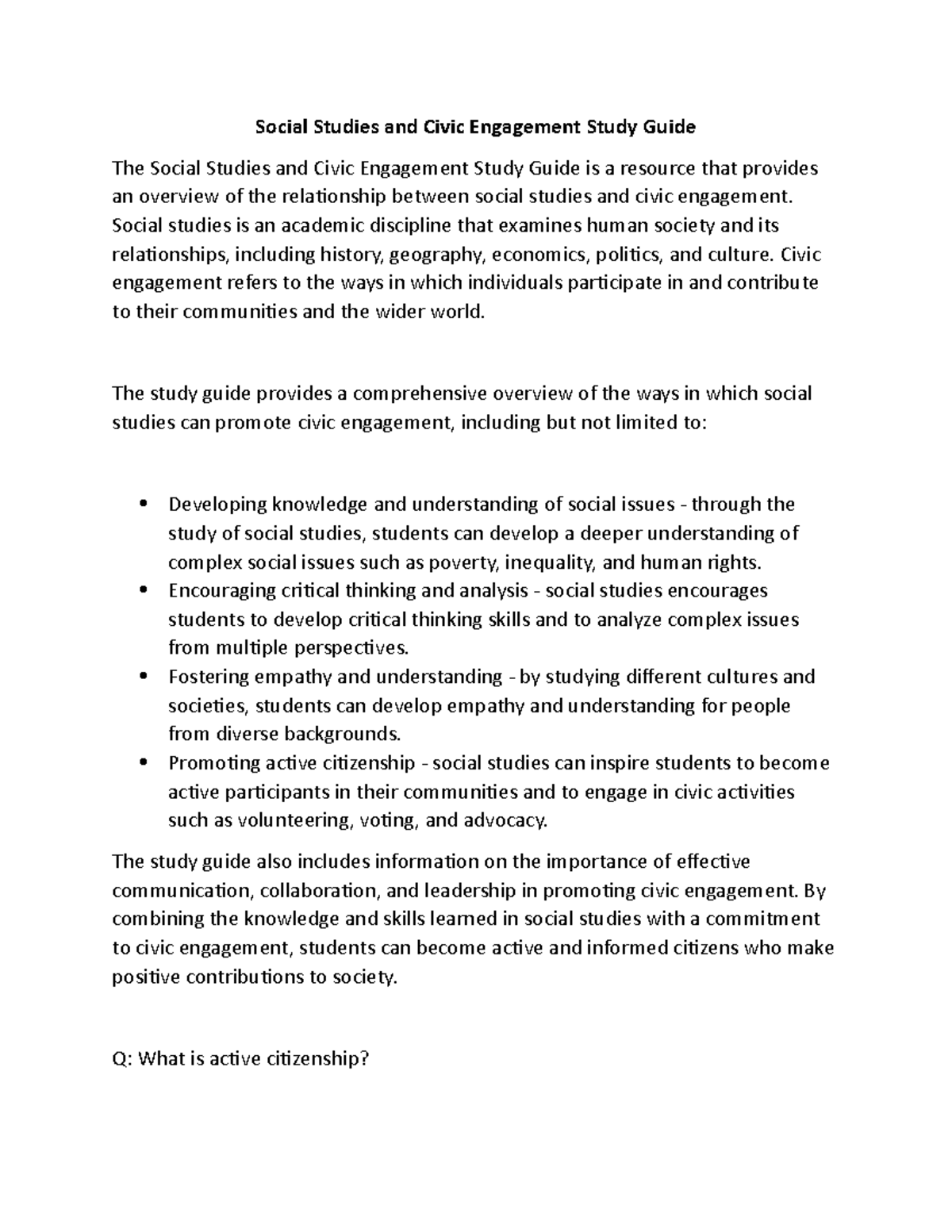 Social Studies and Civic Engagement Study Guide - Social studies is an ...