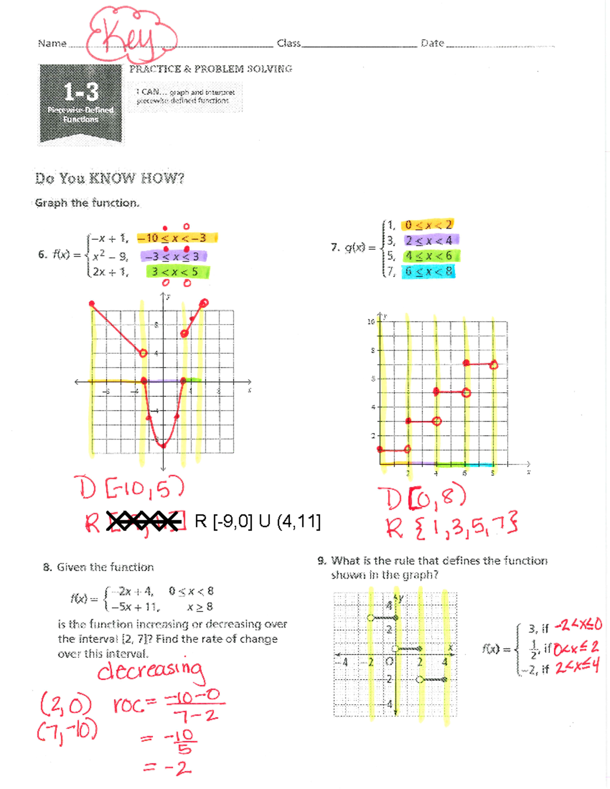 1-3 practice piece wise functions - KEY - R [-9,0] U (4,11] - Studocu