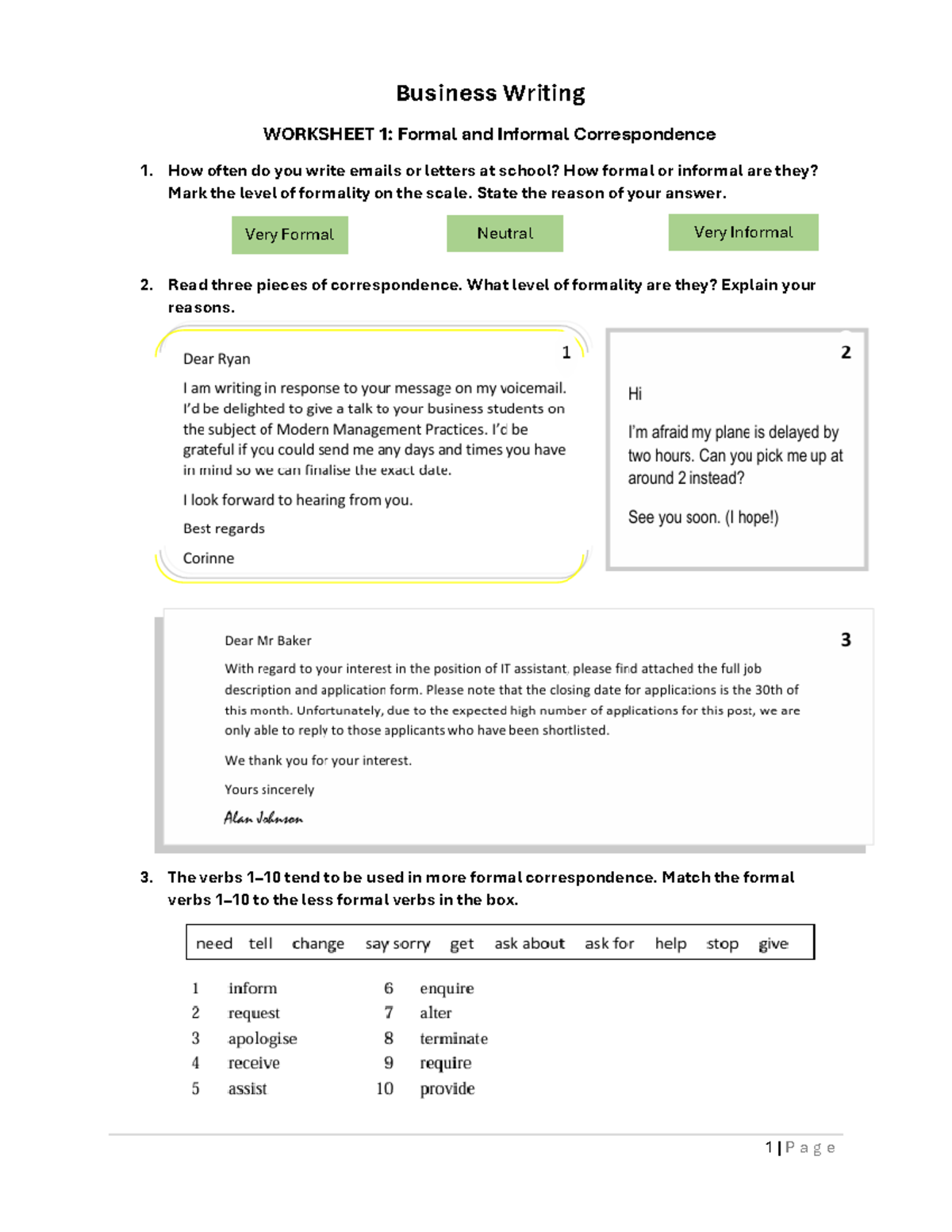 BRW Activity 1 - Formal and Informal Correspondence - 1 | P a g e ...