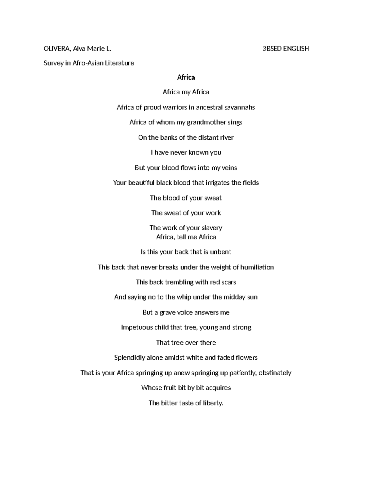 Africa by dadid diop - poem - OLIVERA, Alva Marie L. 3BSED ENGLISH ...