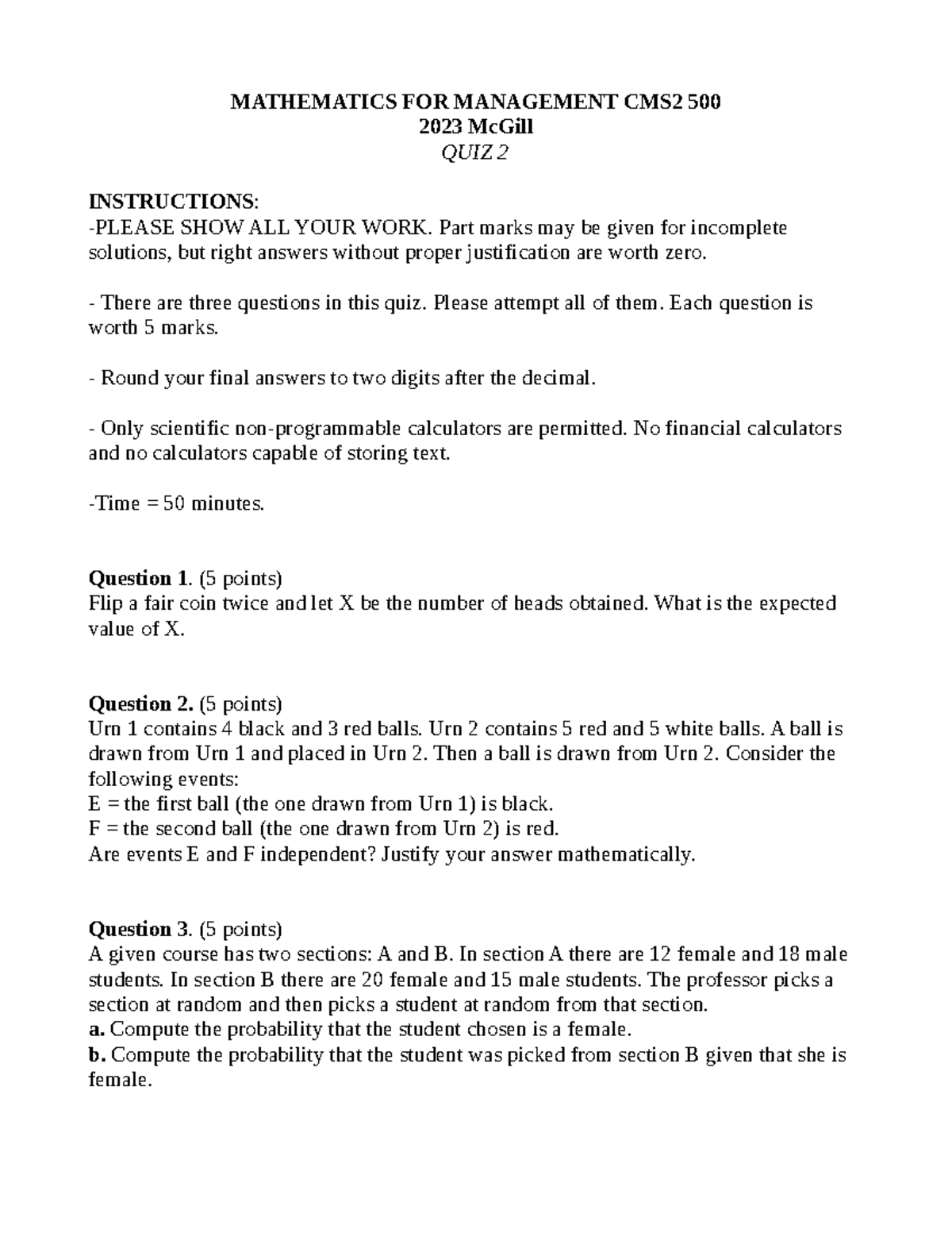 Quiz2&Solution - SAMPLE - MATHEMATICS FOR MANAGEMENT CMS2 500 2023 ...