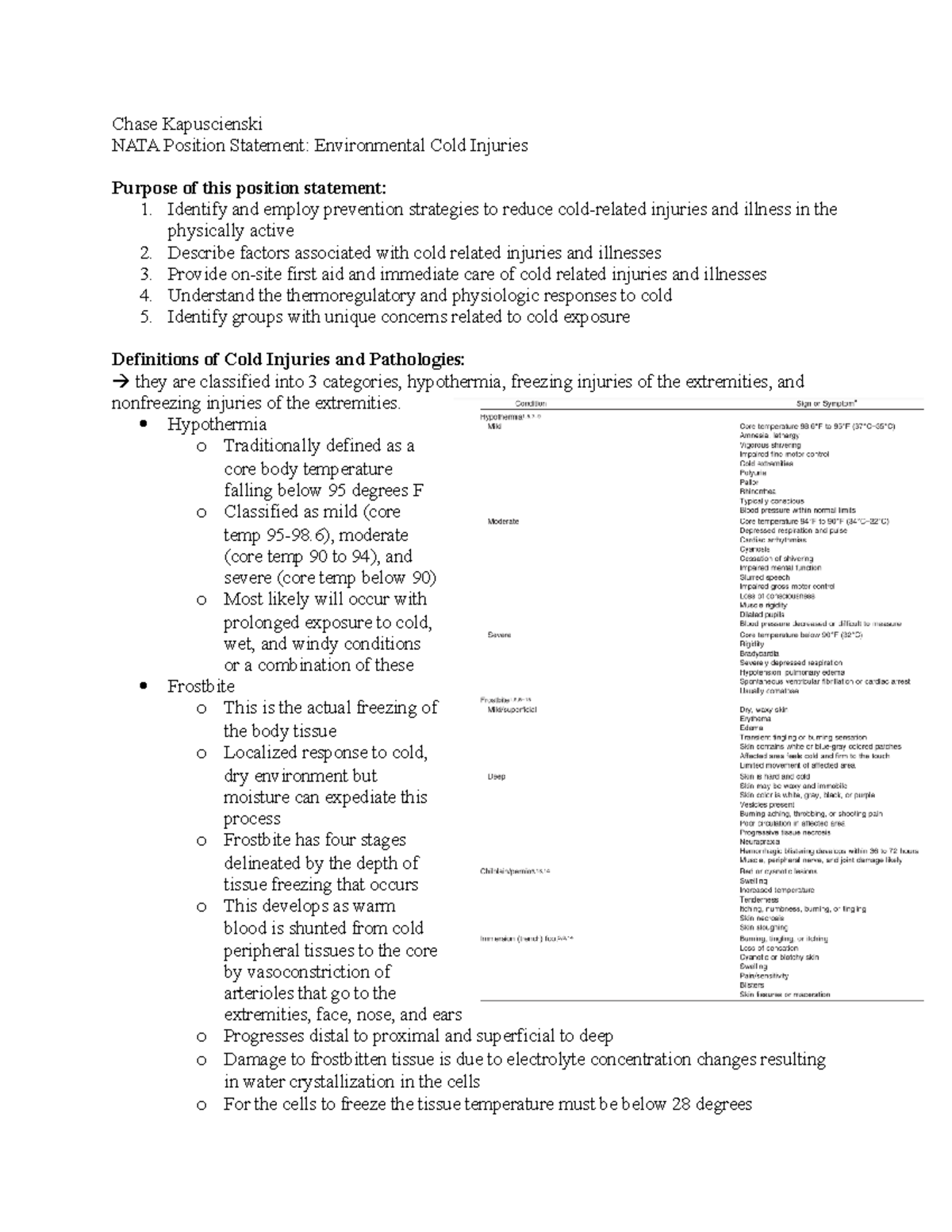 Environmental Cold Injuries - Chase Kapuscienski NATA Position ...