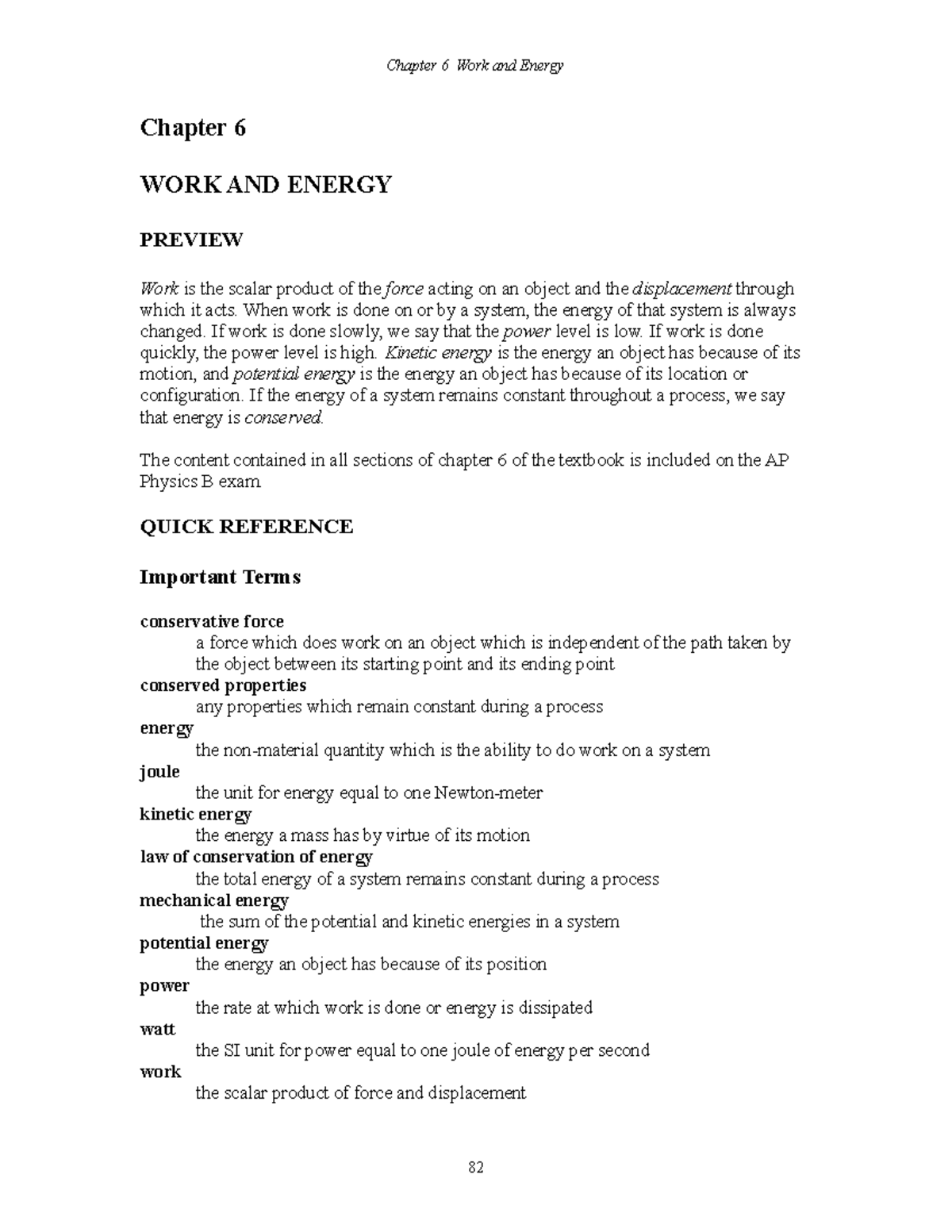 6 work and energy 1 - Physics - Chapter 6 WORK AND ENERGY PREVIEW Work ...