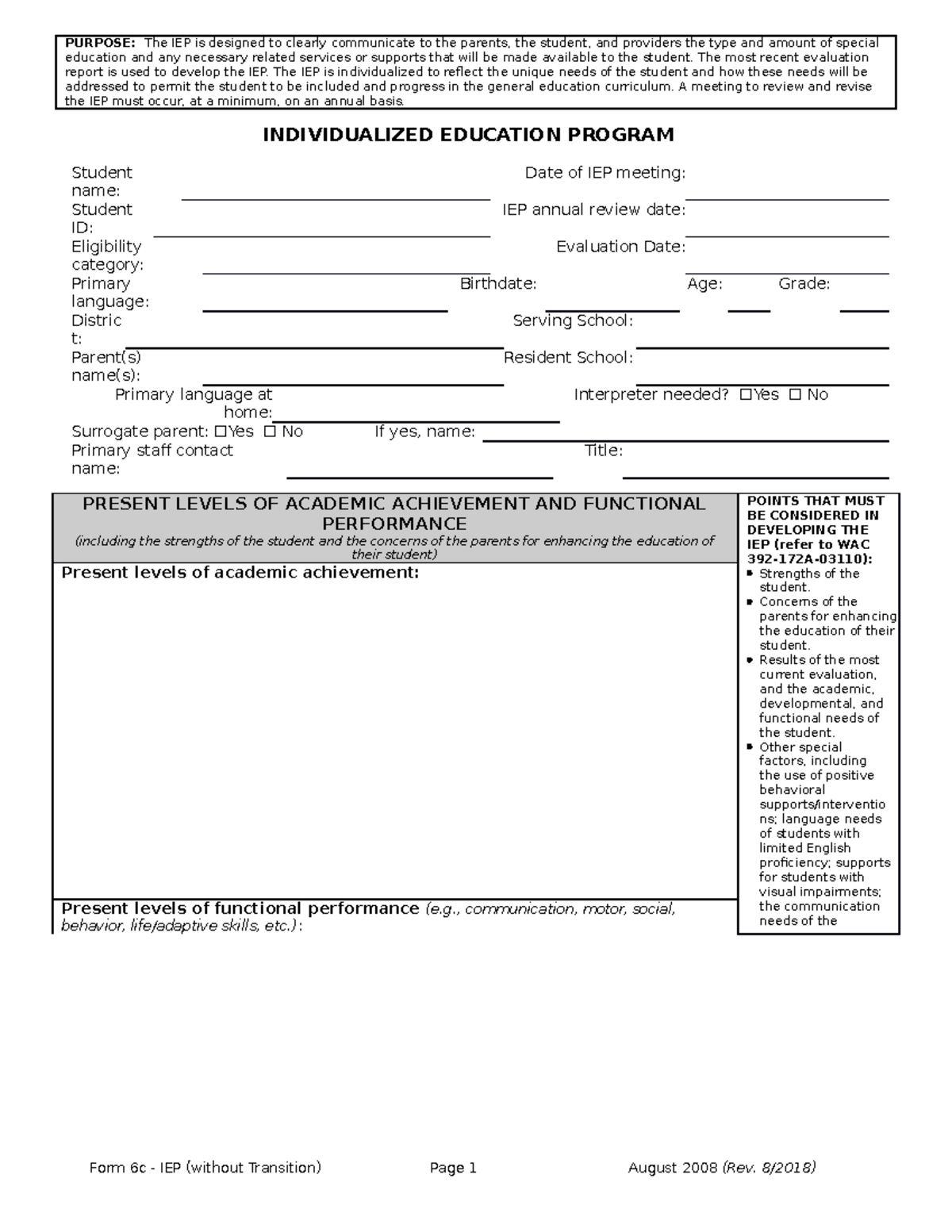 6c IEP Form No Transition - PURPOSE: The IEP is designed to clearly ...