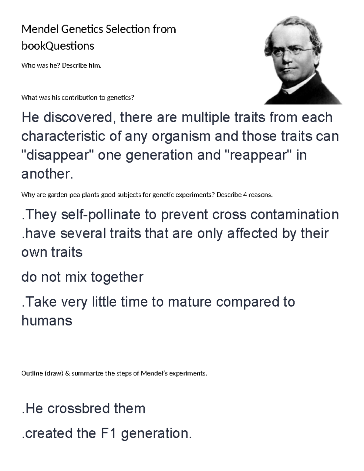 Mendel+Selection+from+book+Questions - Mendel Genetics Selection from ...