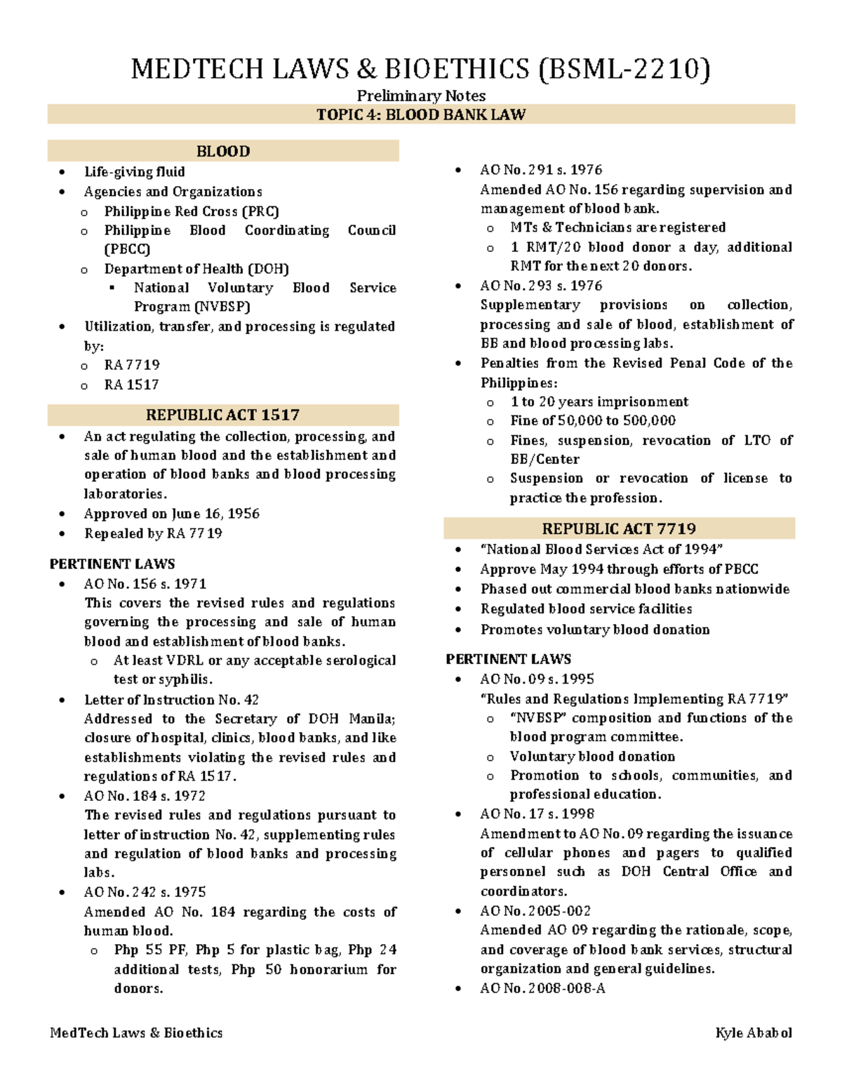 Blood-BANK-LAW - None - MEDTECH LAWS & BIOETHICS (BSML-2210 ...