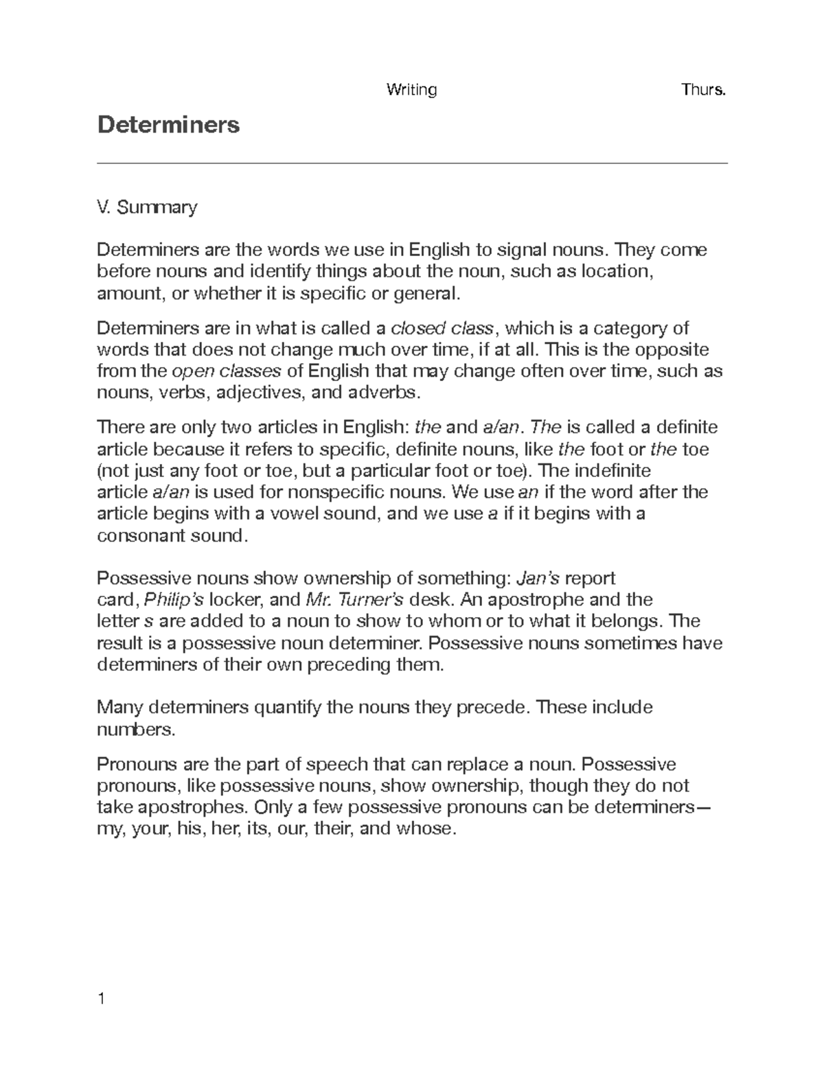 Determiners - Summary - Writing Thurs. Determiners V. Summary ...