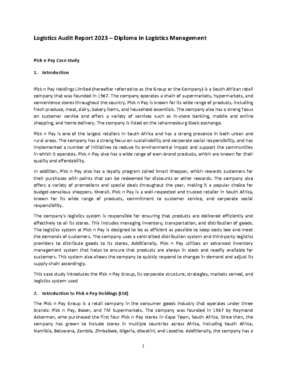 LAR 2023. Pick n Pay Case study read - Logistics Audit Report 2023 ...