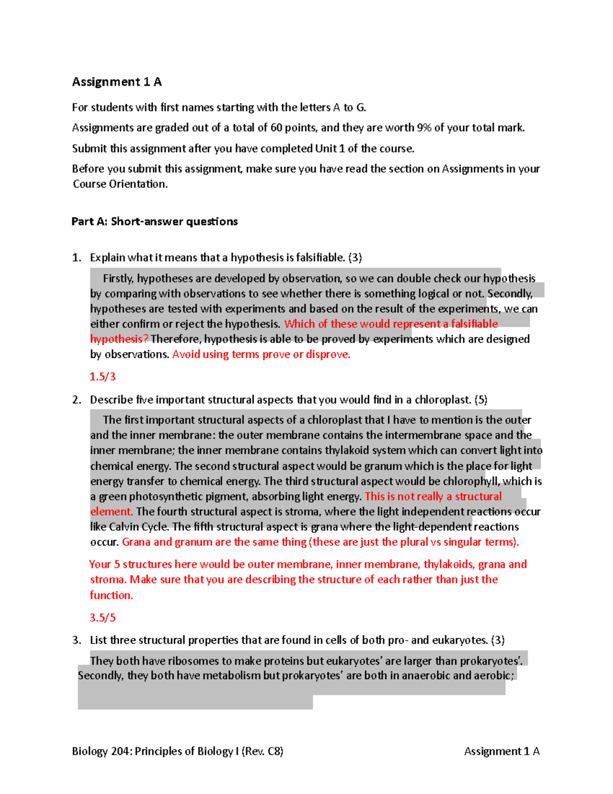 A1 feedback - Assignment 1 A For students with first names starting with the letters A to G ...