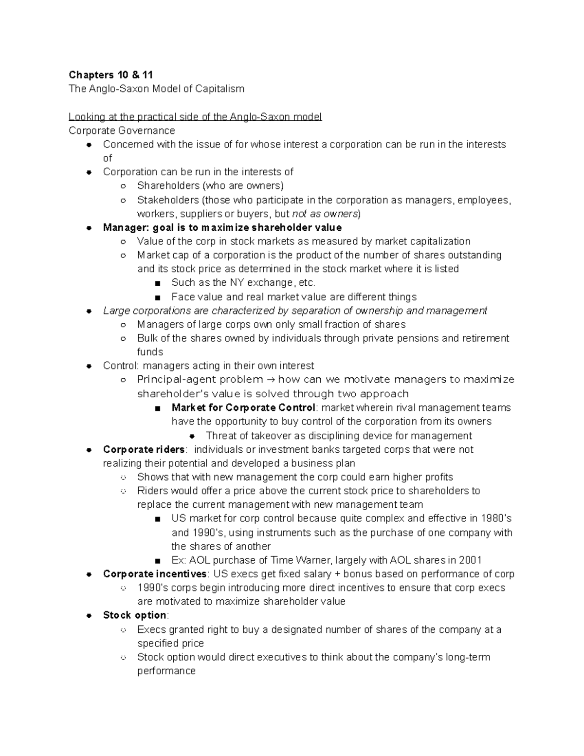 Notes Lecture 5 (9-30) - Chapters 10 & 11 The Anglo-Saxon Model of ...