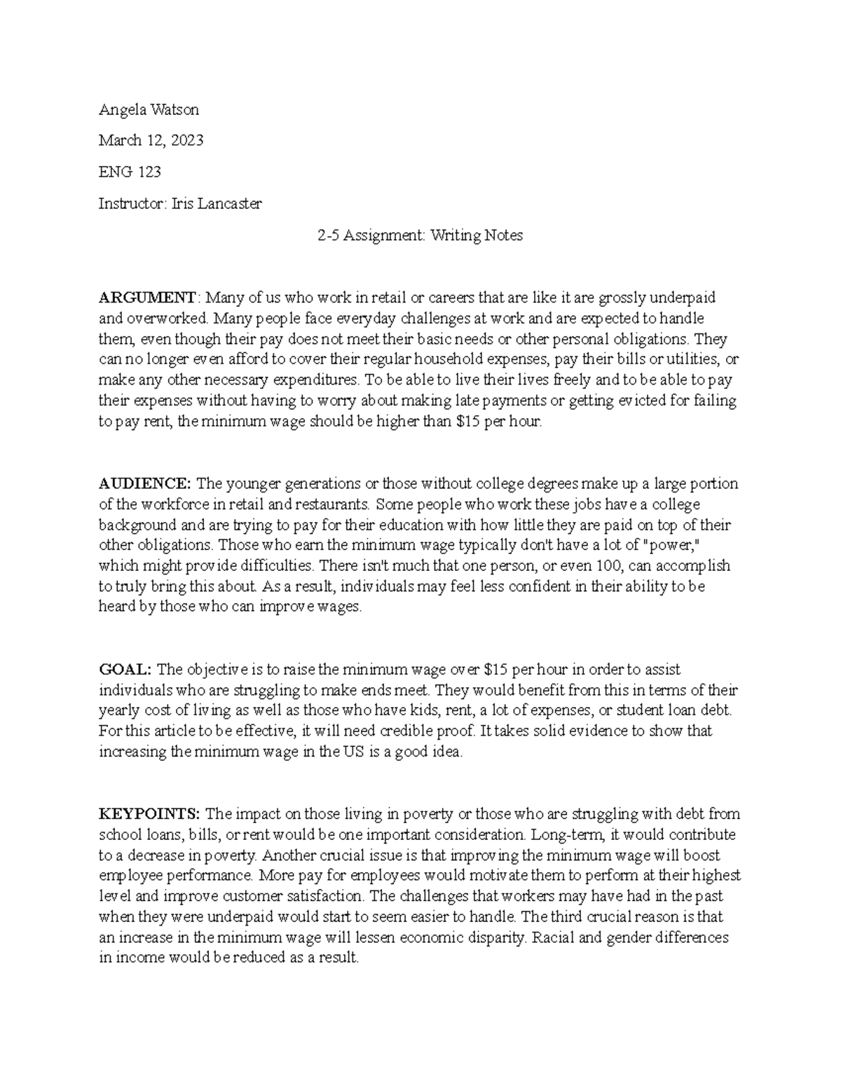 ENG 123 2-5 writing notes - Angela Watson March 12, 2023 ENG 123 ...
