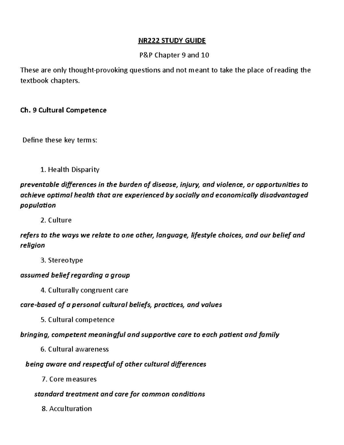 Family Study Guide CH 9-10 - NR222 STUDY GUIDE P&P Chapter 9 and 10 ...