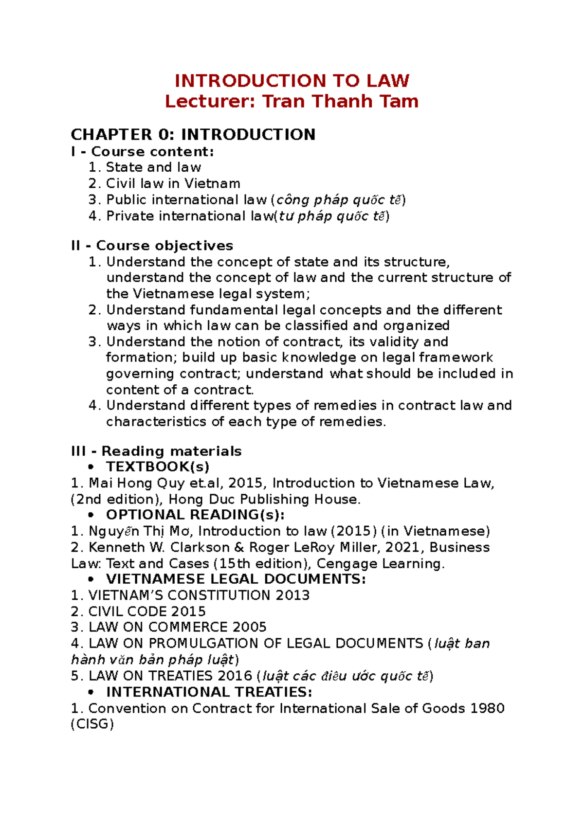 Introduction TO LAW - Note of the lecture's lesson - INTRODUCTION TO ...