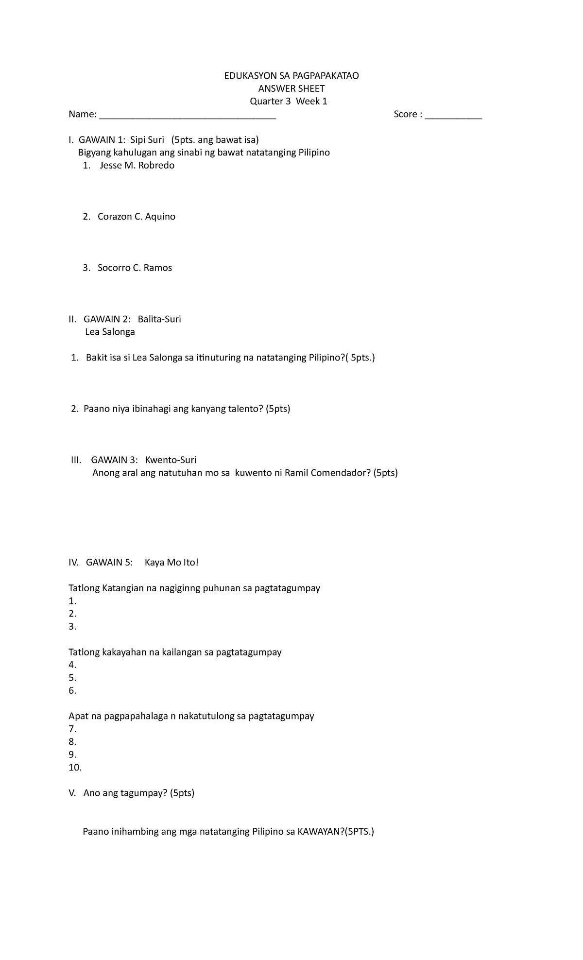 ESP Answer sheet Q3 week1 - EDUKASYON SA PAGPAPAKATAO ANSWER SHEET ...