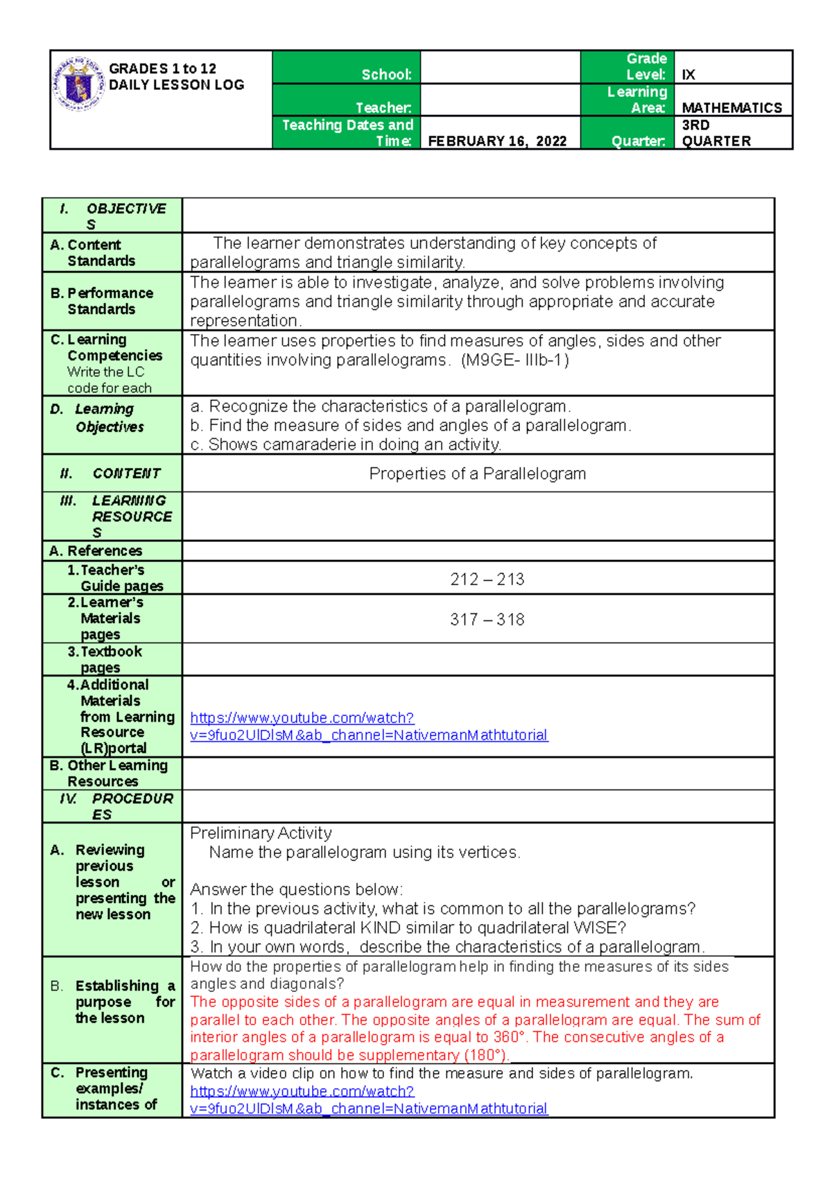 G9 q3 day4 - Math 9 activities - GRADES 1 to 12 DAILY LESSON LOG School ...