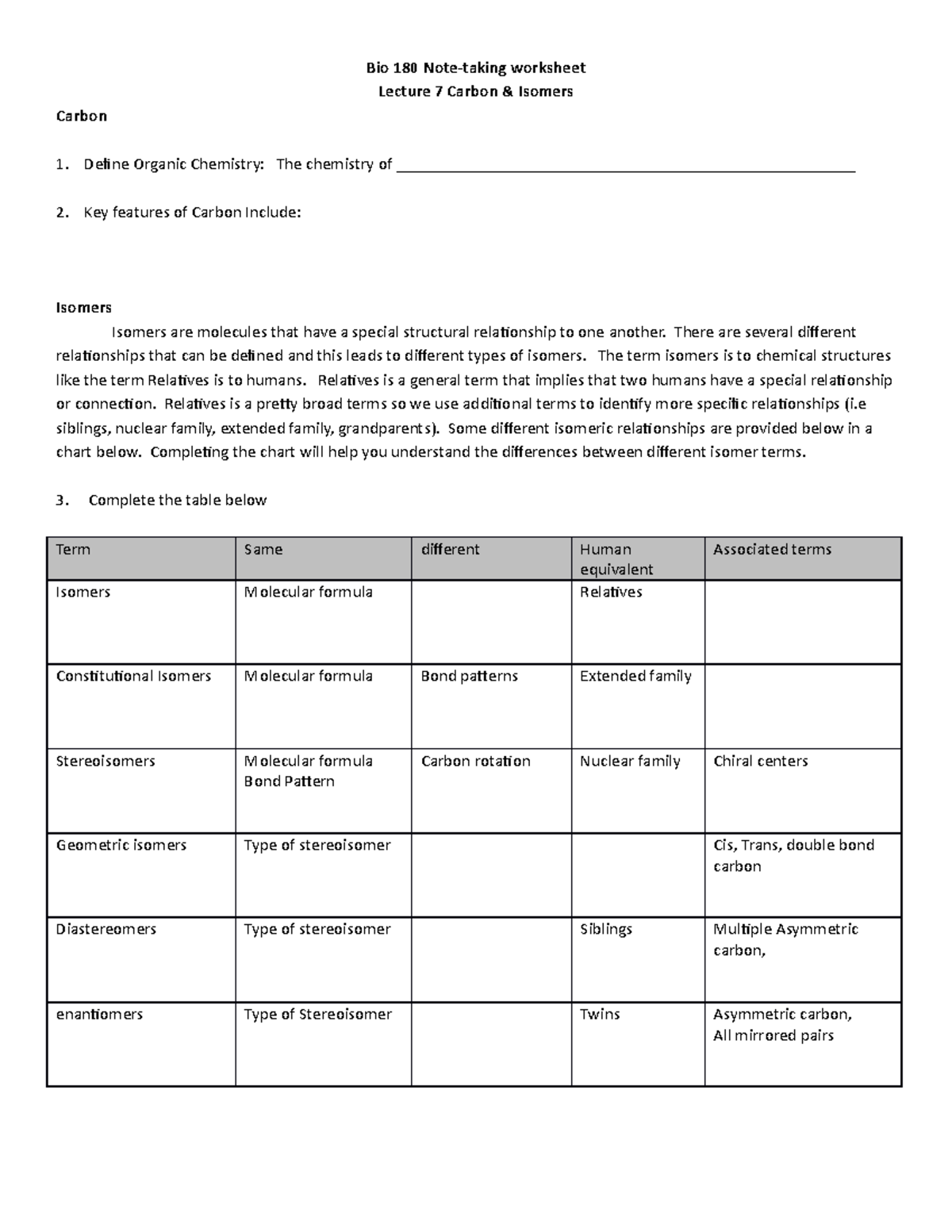 Topic Worksheet - Bio 180 Note-taking worksheet Lecture 7 Carbon ...