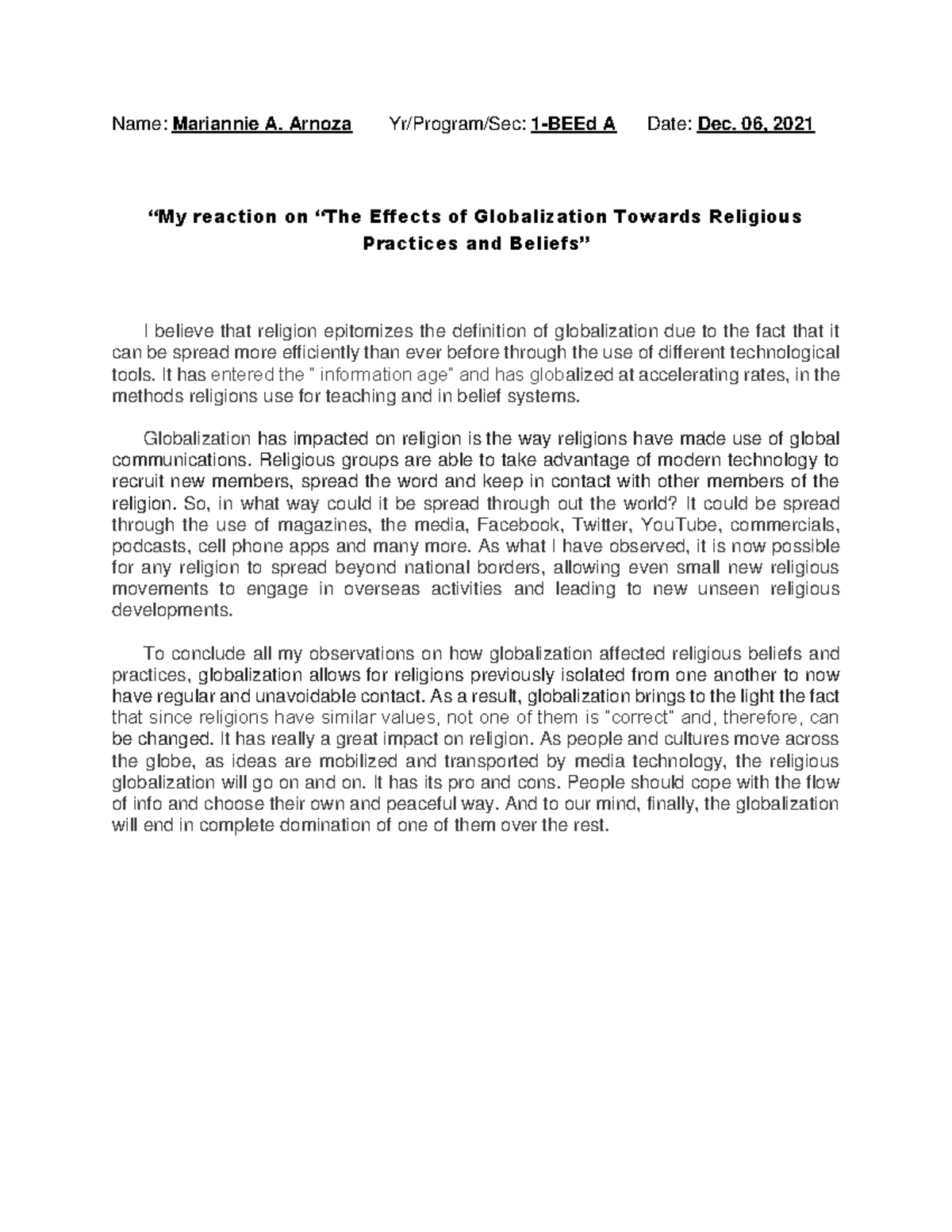 Arnoza BEED1A, Reaction paper on the effects of globalization towards ...