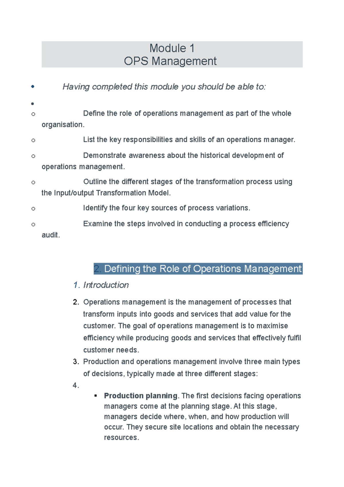 OPS Management and bussiness control - Module 1 OPS Management Having ...