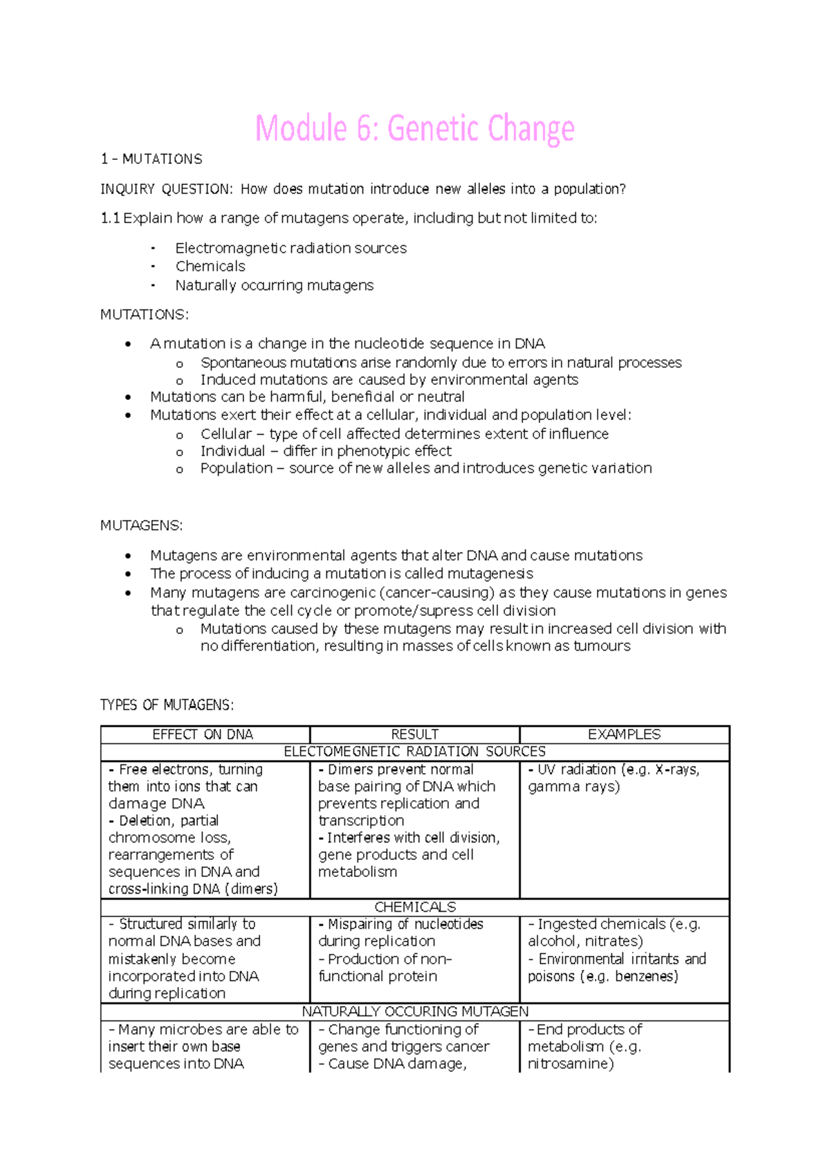 HSC Biology Notes - Module 6 1 - Module 6: Genetic Change 1 – MUTATIONS ...