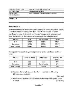 Assingment 2 - ACCOUNTING - CODE AND COURSE NAME DPB20053 BUSINESS ...