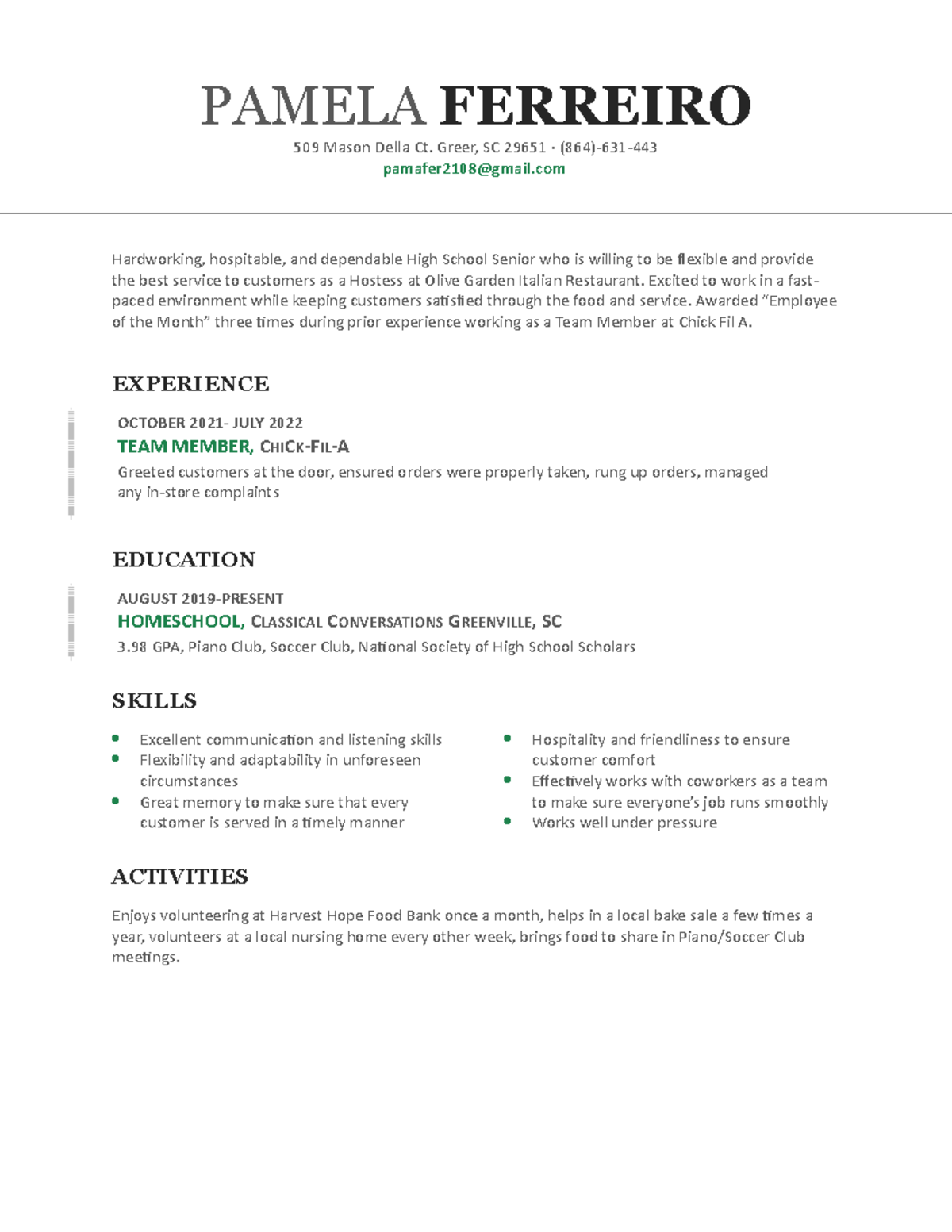 English 12 Resume - PAMELA FERREIRO 509 Mason Della Ct. Greer, SC 29651 ...