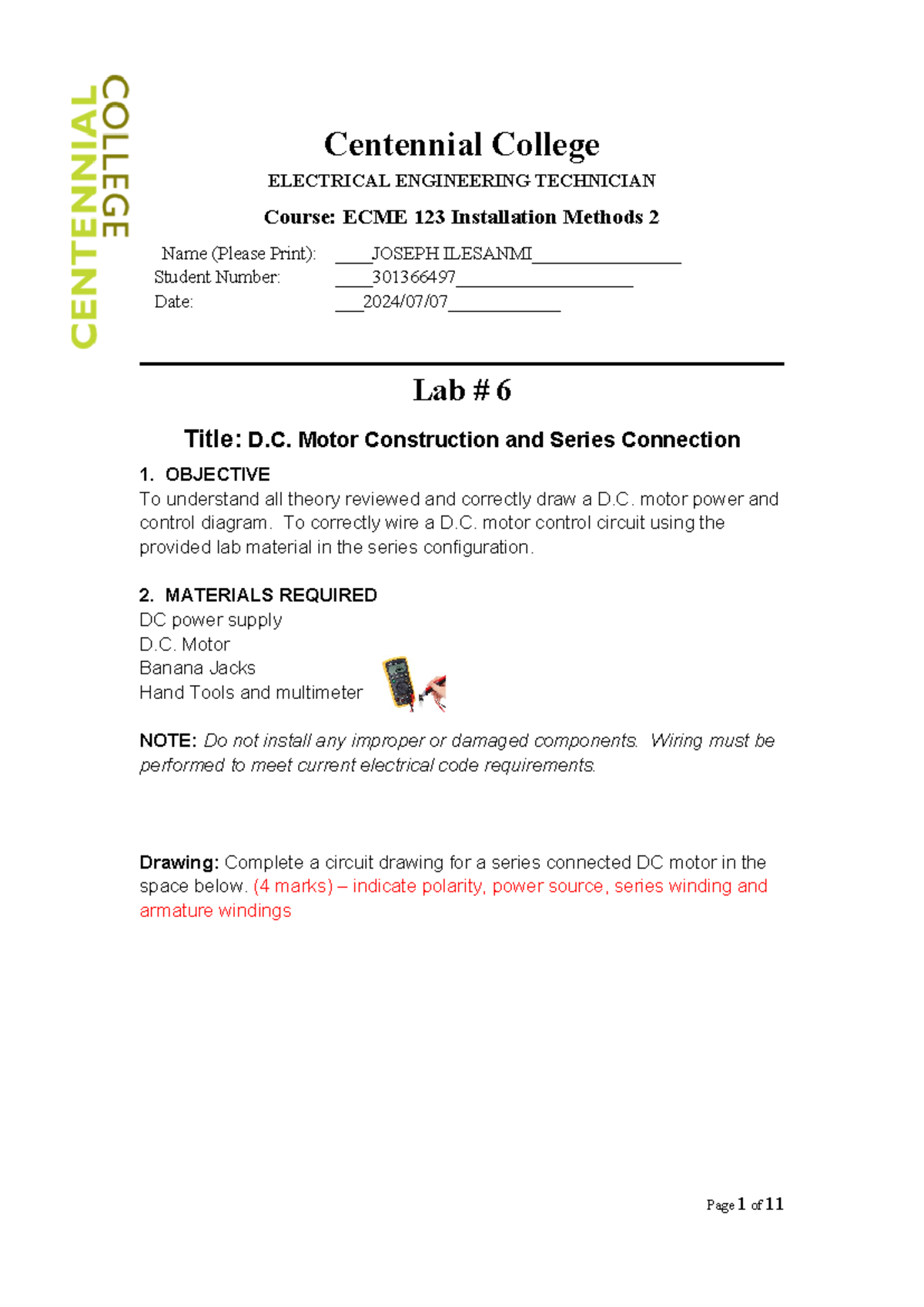 Lab 6 DCMotor Construction & Series Connection Lab - Centennial College ...