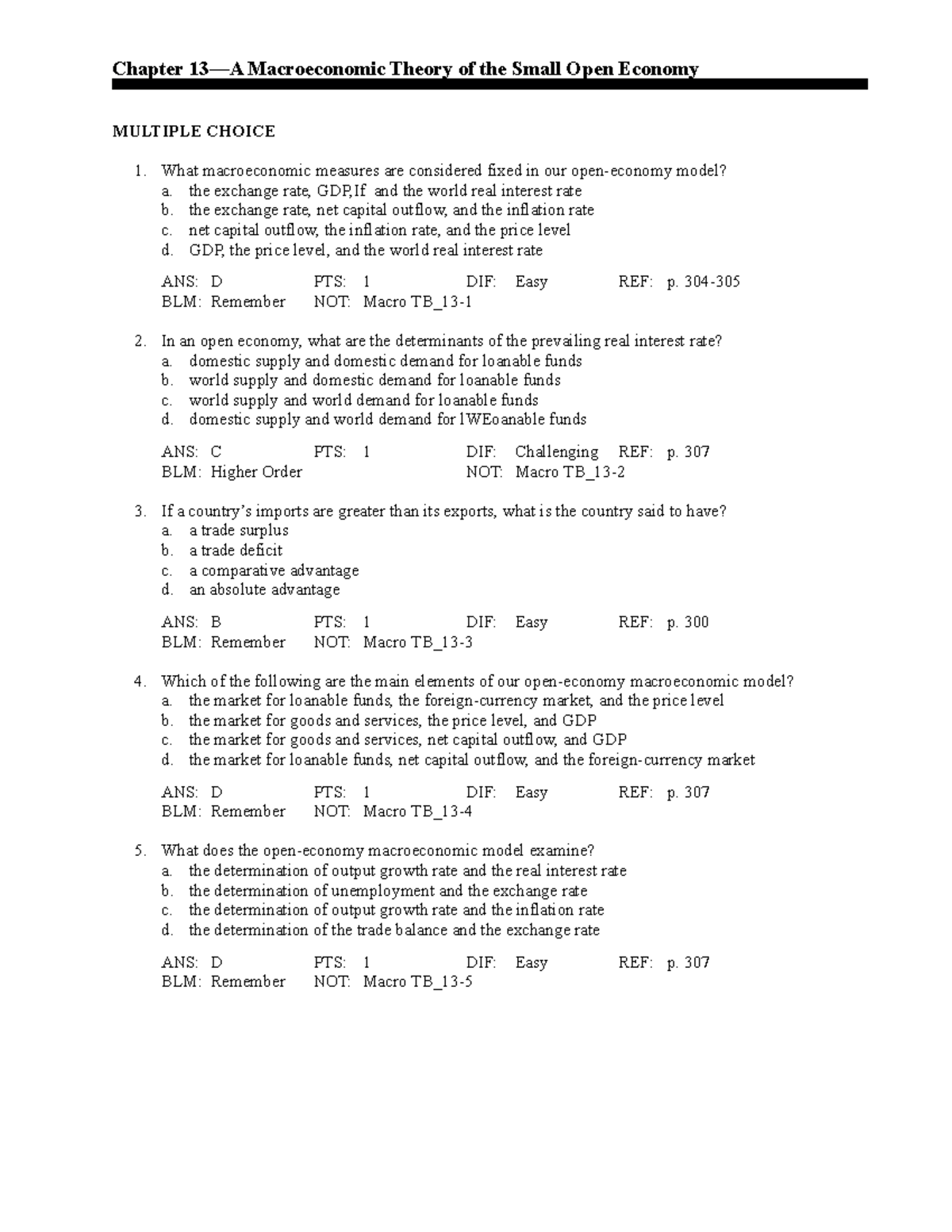 Econ 203 Practice Questions 2 Chapter 13—a Macroeconomic Theory Of The Small Open Economy