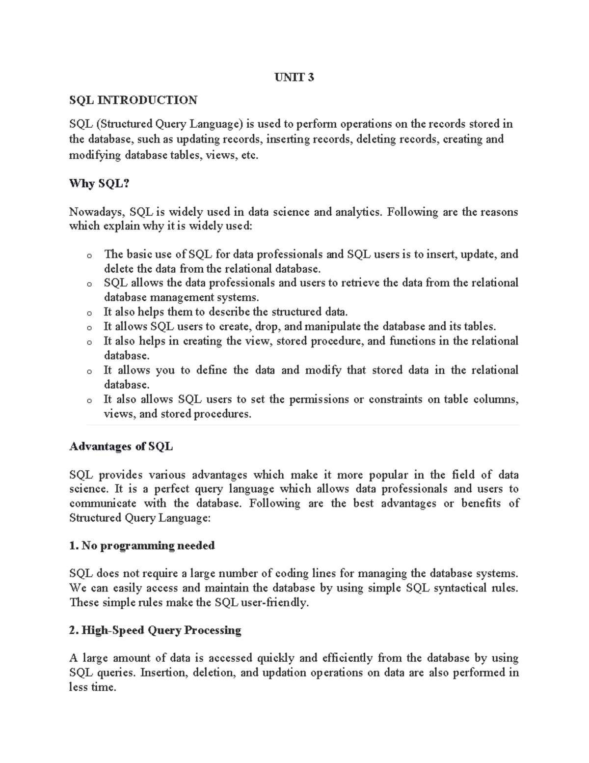 FSWD UNIT 3 SQL - nil - UNIT 3 SQL INTRODUCTION SQL (Structured Query ...