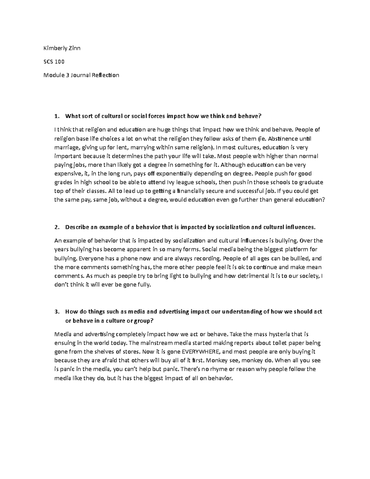 Module 3 journal reflection - Kimberly Zinn SCS 100 Module 3 Journal ...
