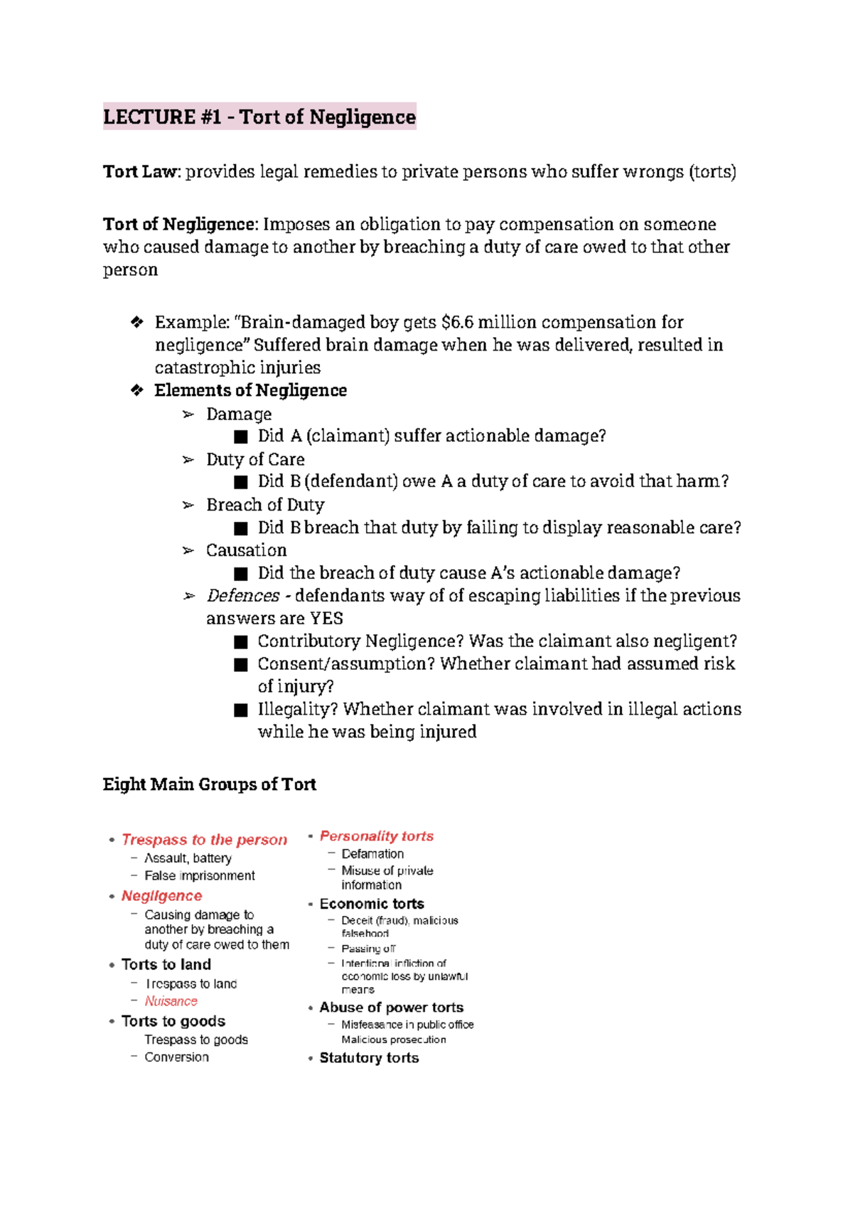 Copy of law of tort - LECTURE #1 - Tort of Negligence Tort Law ...