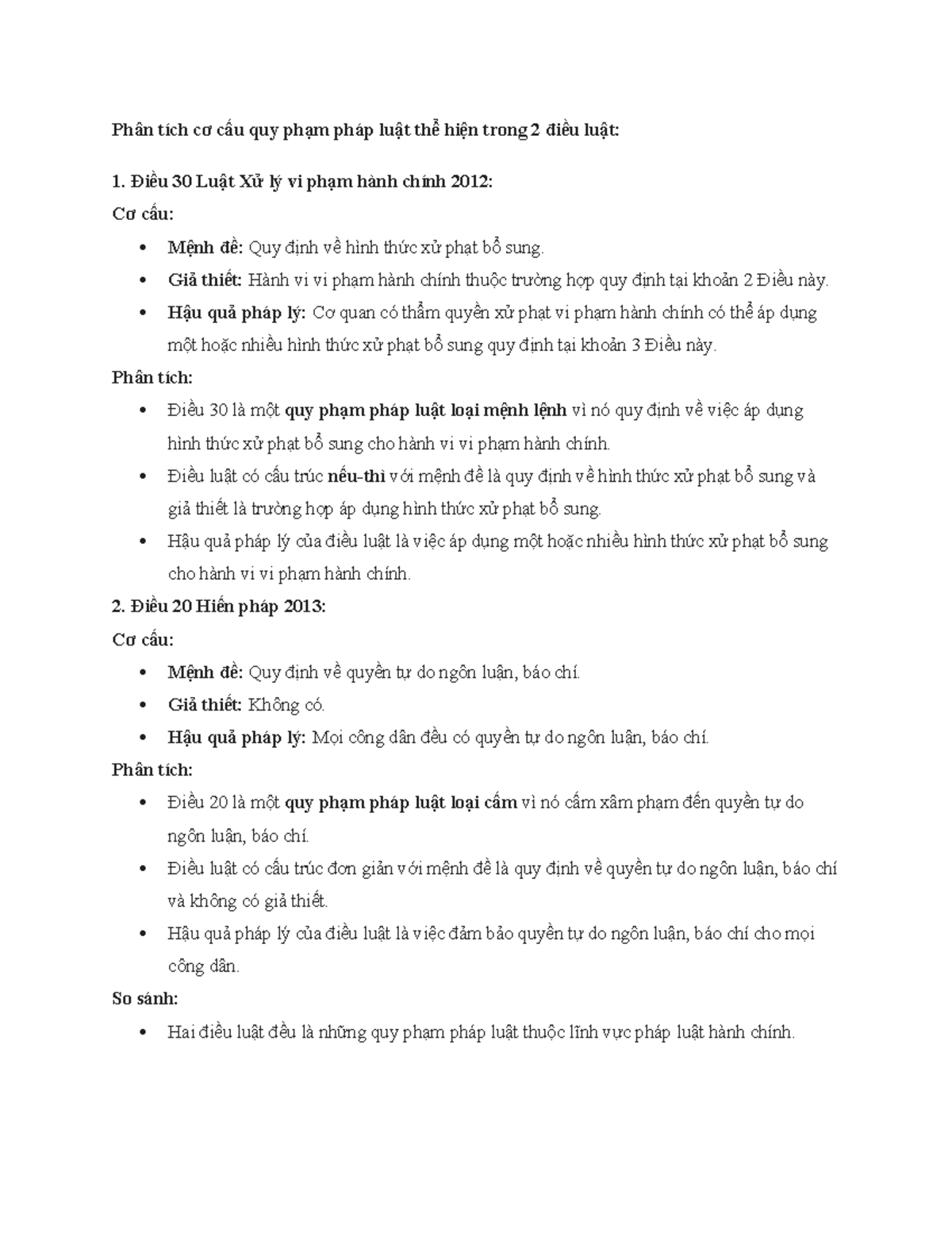 BT PLDC - Phân tích cơ cấu quy phạm pháp luật thể hiện trong 2 điều luật: 1. Điều 30 Luật Xử lý ...
