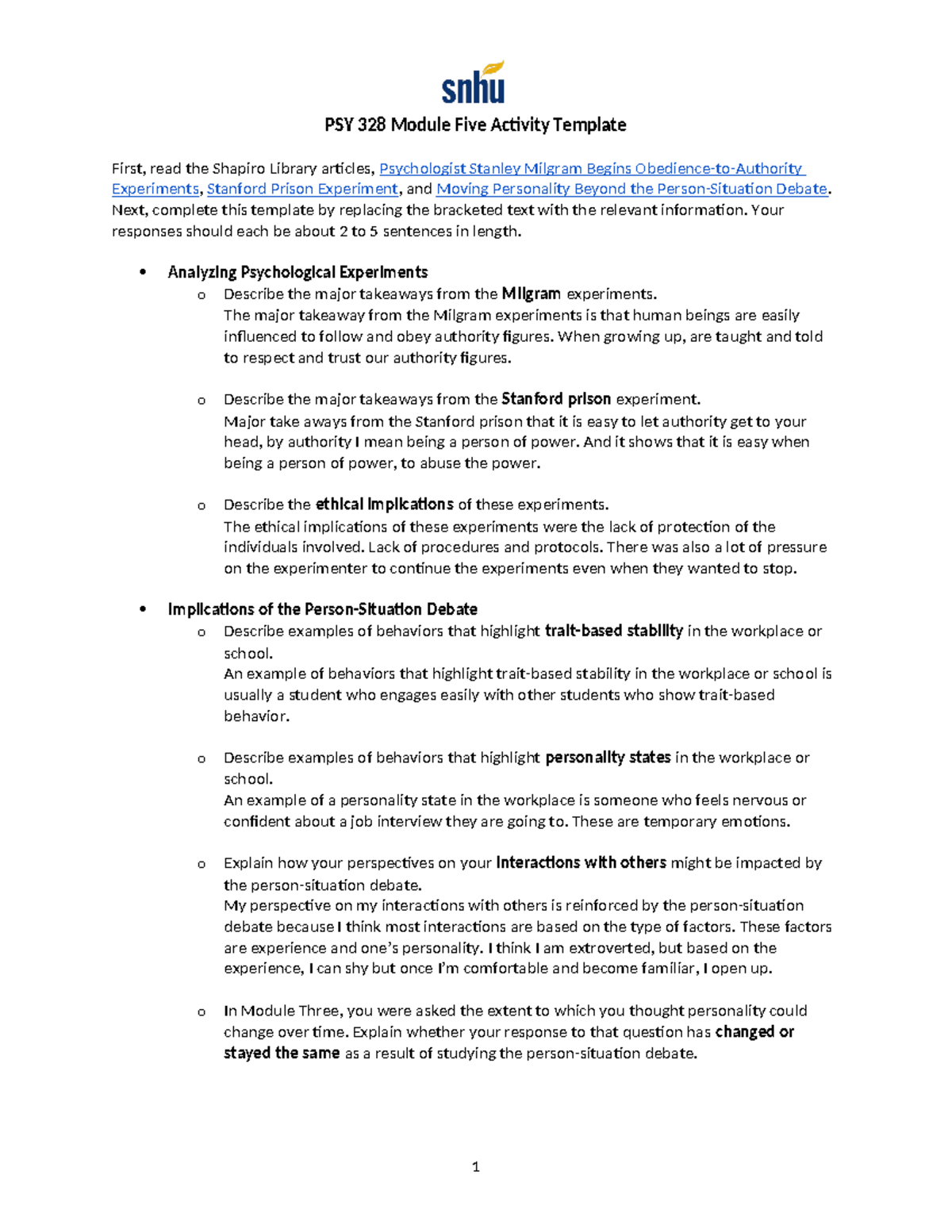 PSY 328 Module Five Activity Template - PSY 328 Module Five Activity Template First, read the ...