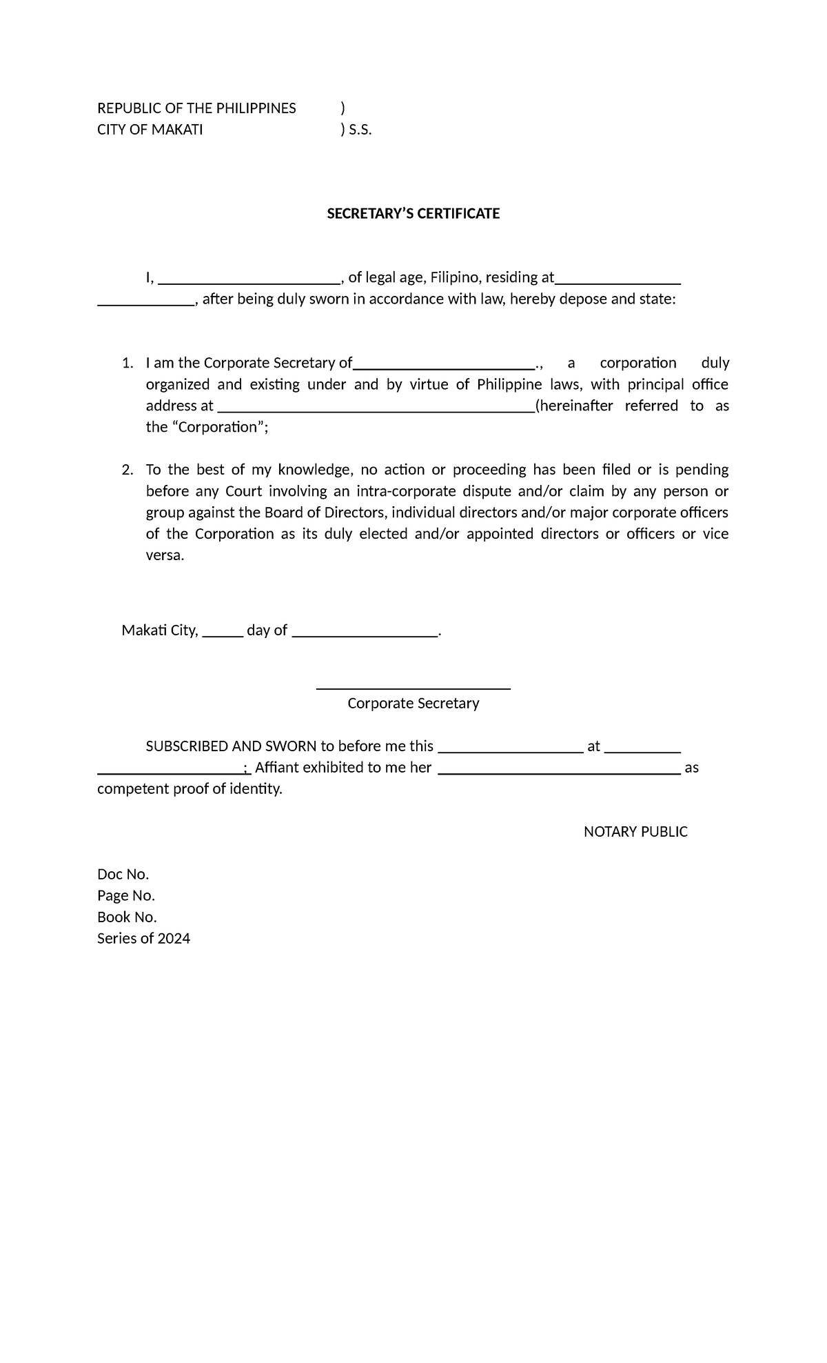 Secretarys Certificate No Intra Corporate Dispute - REPUBLIC OF THE ...