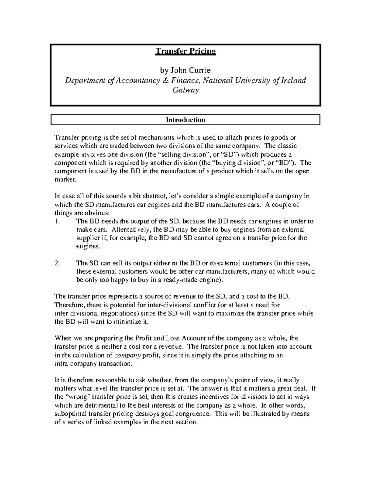 Transfer-pricing - Study - Transfer Pricing by John Currie Department ...