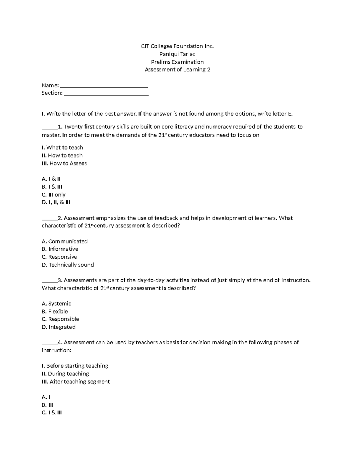 [Template] Prelims - Prelim - CIT Colleges Foundation Inc. Paniqui ...