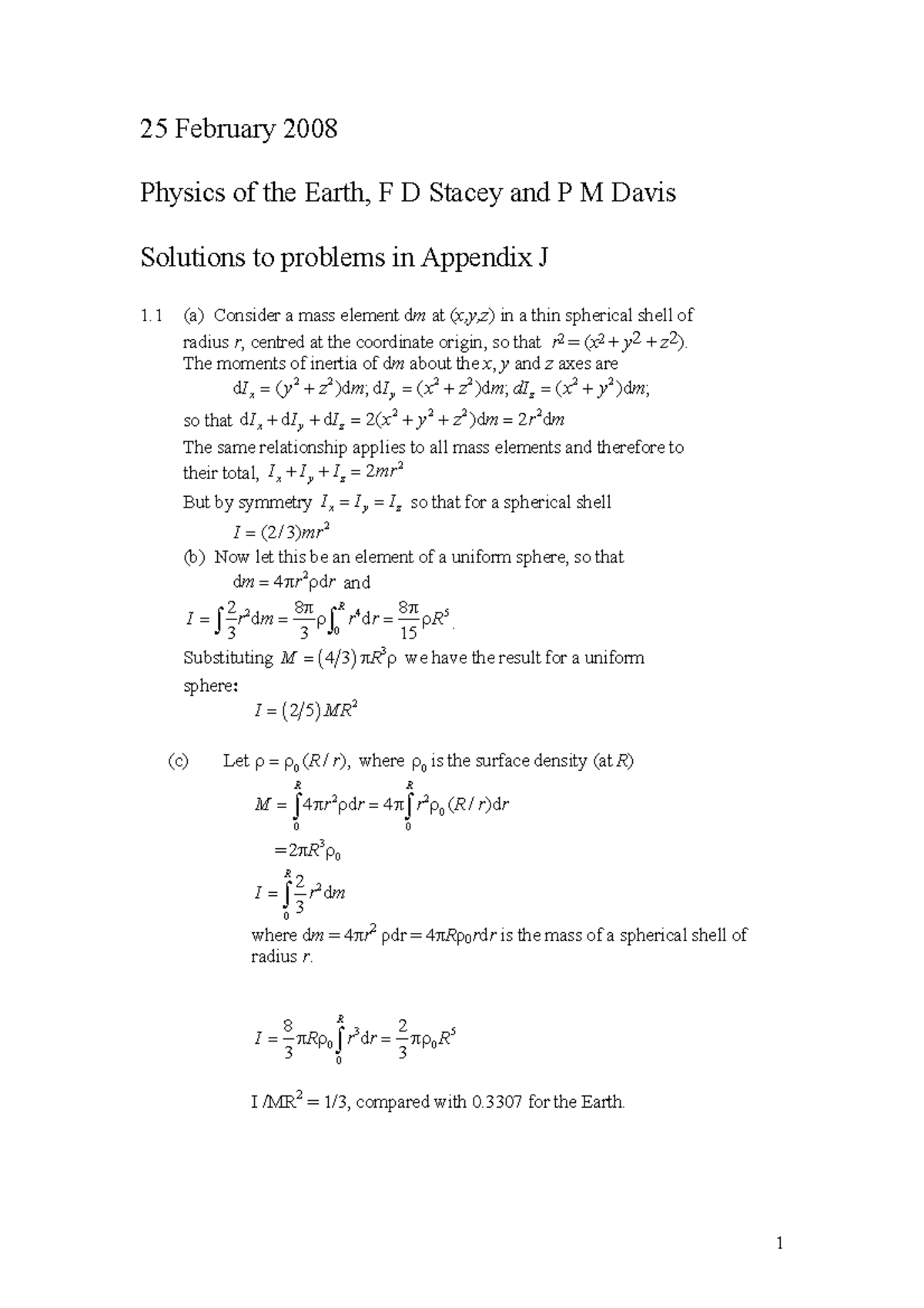 Physics of the Earth Problem Solutions - 25 February 2008 Physics of ...