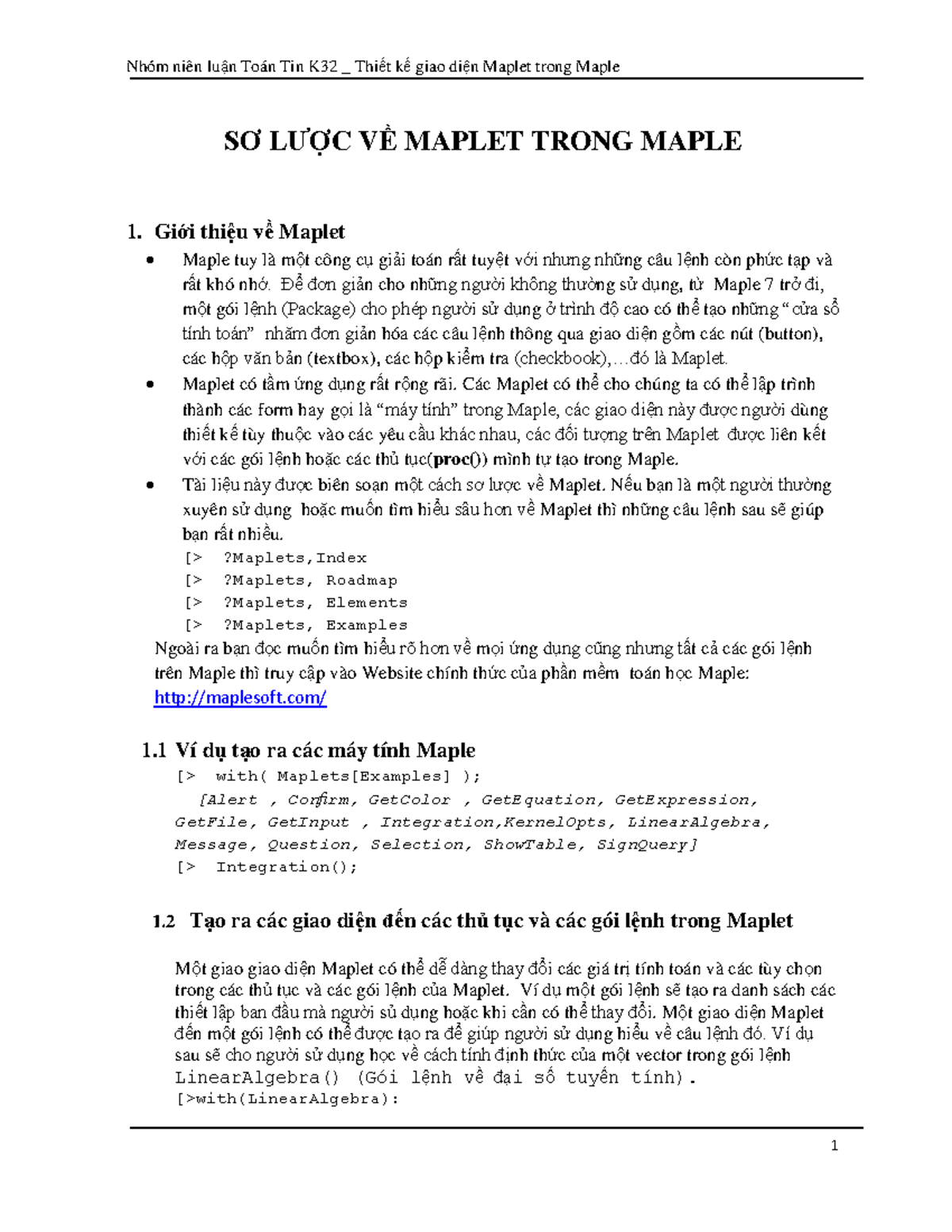 So luoc ve maplet trong maple - SƠ LƯỢC VỀ MAPLET TRONG MAPLE 1. Giới ...