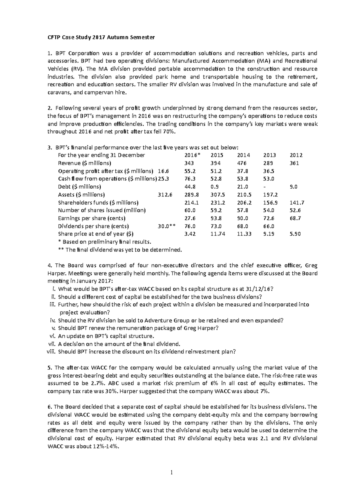 2017 Autumn CASE Study - CFTP Case Study 2017 Autumn Semester 1. BPT ...