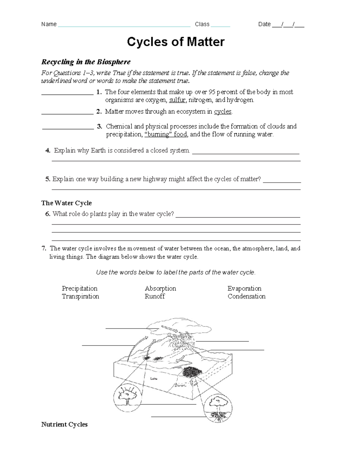 Cycles of Matter Worksheet - Name Class Date //___ Cycles of Matter ...