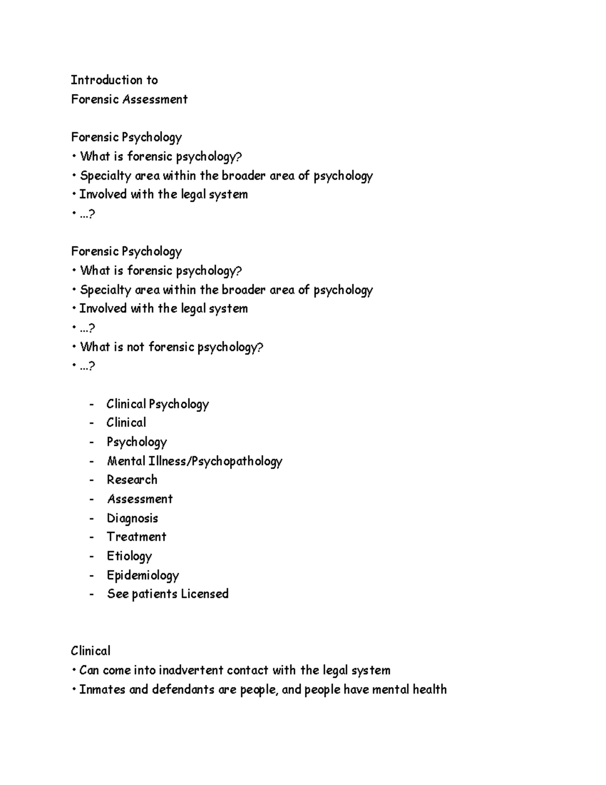 Lecture Notes Introduction To Forensic Assessment Forensic Psychology What Is Forensic