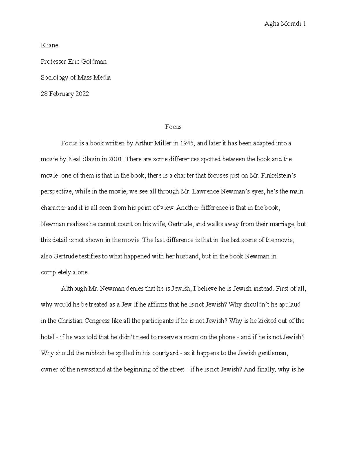 Paper 1 Sociology of Mass Media - Agha Moradi 1 Eliane Professor Eric ...