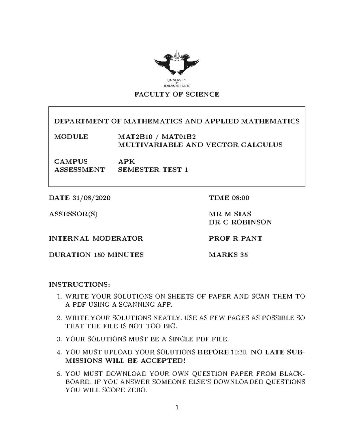 Semester test 1 MAT2B10 - FACULTY OF SCIENCE DEPARTMENT OF MATHEMATICS ...