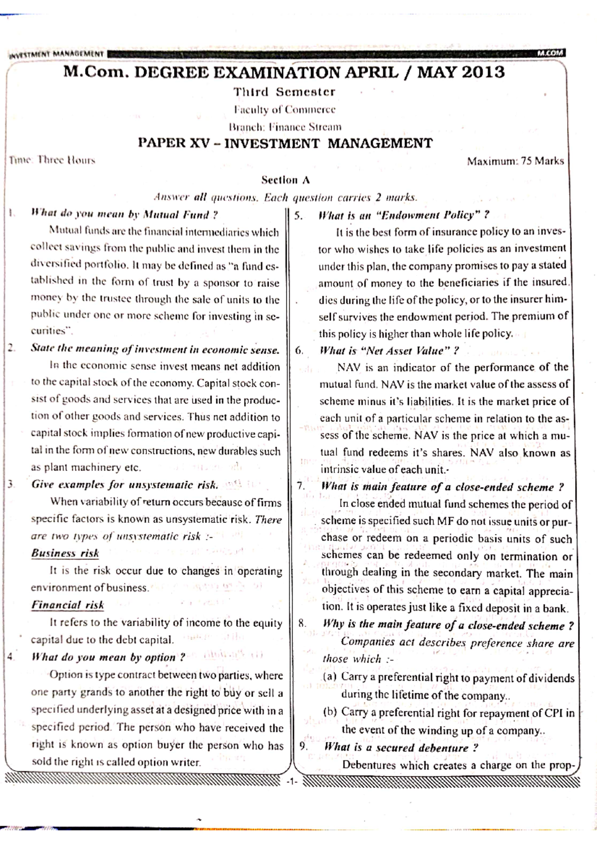 Mcom in 2013 - Mcom finance subject of investment management 2013 ...